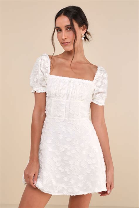 White Textured Dress Floral Jacquard Dress Ribbon Mini Dress Lulus