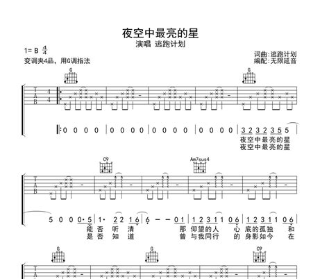 夜空中最亮的星吉他谱 逃跑计划 夜空中最亮的星六线谱 无限延音制谱 乐手网