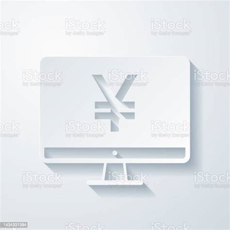 엔 기호가있는 데스크탑 컴퓨터 빈 배경에 종이 잘라내기 효과가 있는 아이콘 0명에 대한 스톡 벡터 아트 및 기타 이미지 0명 3차원 형태 개념 Istock