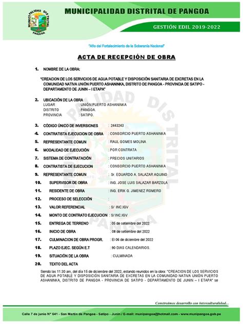 Acta De Recepcion Obra Ashaninka Pdf Hormigón Material Compuesto