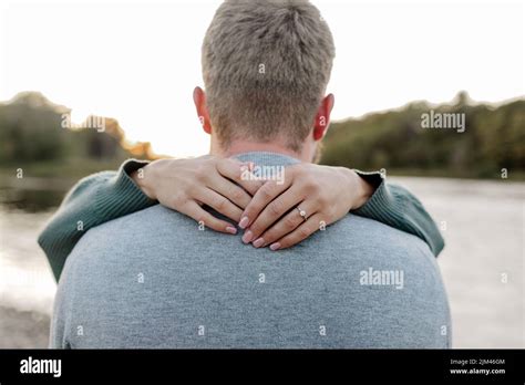 A Female Hands Over The Shoulder Her Fiance Engagement Photos Stock