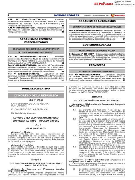 Ley 31658 Ley Que Crea El Programa Impulso Empresarial Mype Impulso