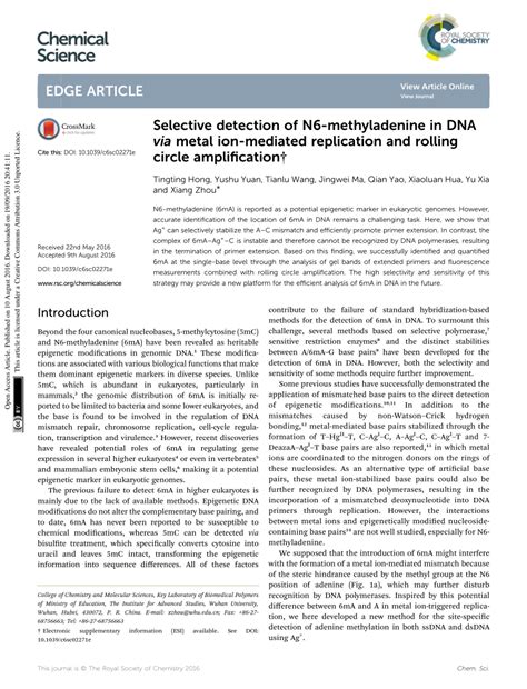 Pdf Selective Detection Of N6 Methyladenine In Dna Via Metal Ion