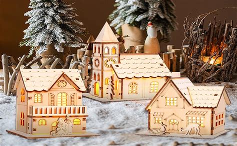 Amazon de FUFRE 3 Stück LED Weihnachtsdorf aus Holz beleuchtet