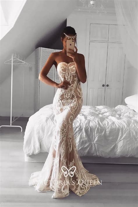 Champagne Lining With Ivory Lace Mermaid Prom Dress Vq