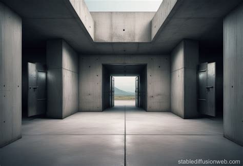 Empty Concrete And Metal Hall Way Liminal Space With A Big Door Opening To A Surreal Dreamcore