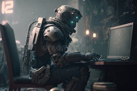 Robot Working With Computer Generative Ai Stock Illustration Illustration Of Syborg Poster