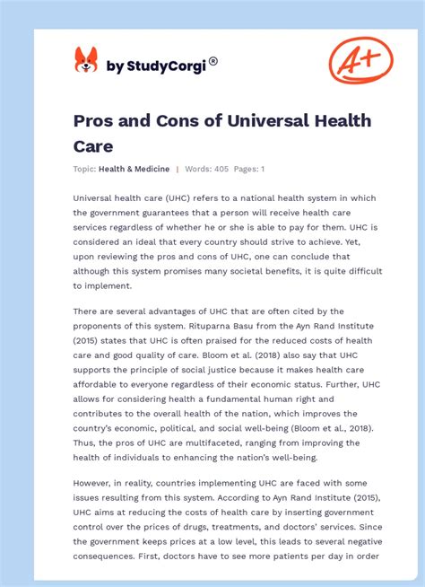 Pros And Cons Of Universal Health Care Free Essay Example
