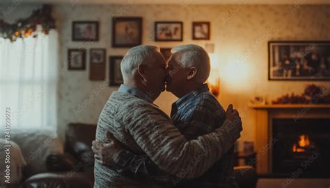 Senior Man Gay Couple Kissing Romantic Moment Of Older Lgbt Male Men