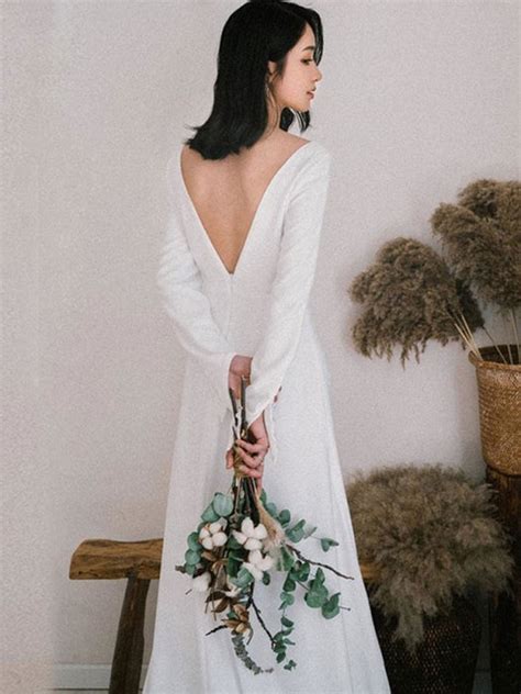 White Simple Wedding Dress Satin Fabric V Neck Long Sleeves Buttons Me