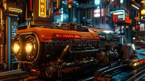Futuristic Orange Engine In A Cyberpunk Cityscape Stock Illustration