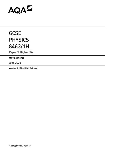 Aqa Gcse Physics 8463 1h Higher Tier Paper 1 Qp 2021 Scholarfriends