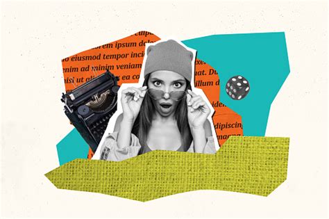 3d 콜라주 디자인 복합 트렌드 삽화 조각의 스케치 종이 사본 공간 충격받은 얼굴 실루엣 젊은 숙녀 타자기 기계 기자 20 24