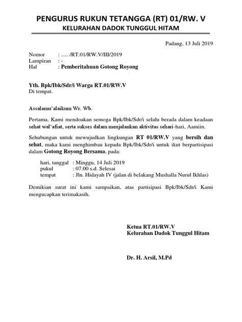 Contoh Surat Pemberitahuan Gotong Royong Dari Ketua Rt Pdf