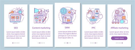 선형 개념으로 모바일 앱 페이지 화면을 온보딩하는 디지털 마케팅 전술 Seo Smm 콘텐츠 마케팅 연습 단계 그래픽 지침 Ux