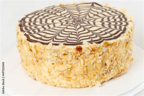 Traditional Esterhazy Cake With Almond On Stand Over White Background
