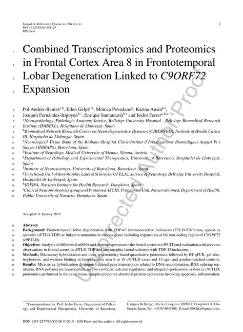 PDF Combined Transcriptomics And Proteomics In Frontal Cortex Area 8
