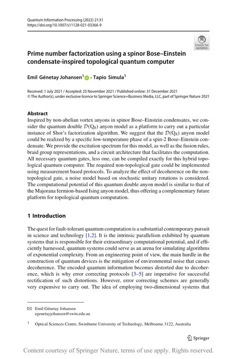 Prime Number Factorization Using A Spinor Boseeinstein Condensate Inspired Topological Quantum