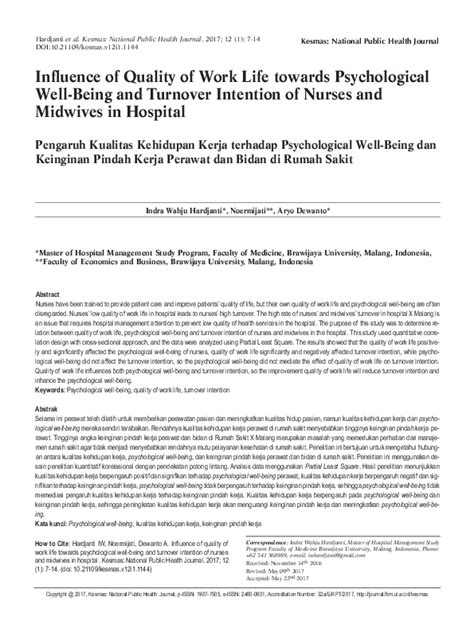 Pdf Influence Of Quality Of Work Life Towards Psychological Well