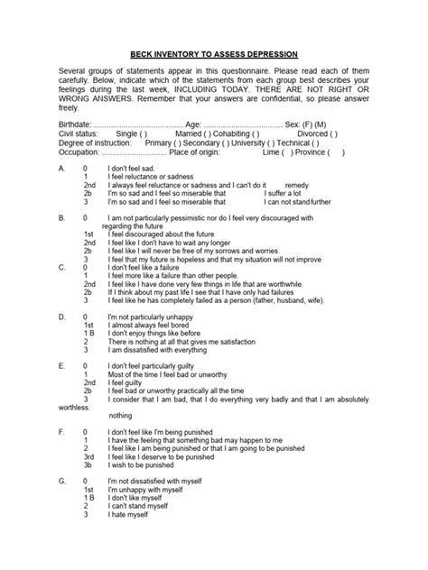 Beck Depression Inventory Pdf Major Depressive Disorder Affect Psychology