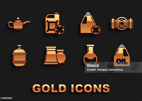 석유 및 가스 산업 공장 건물 산업 금속 파이프 밸브 모터 기계 오일 용 캐니스터 시험관 플라스크 프로판 탱크 부동액 캐니스터 및 아이콘을 설정합니다 벡터 가솔린에 대한