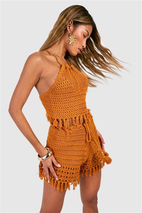 Premium Crochet Tassel Shorts And Halterneck Top Set Boohoo Uk