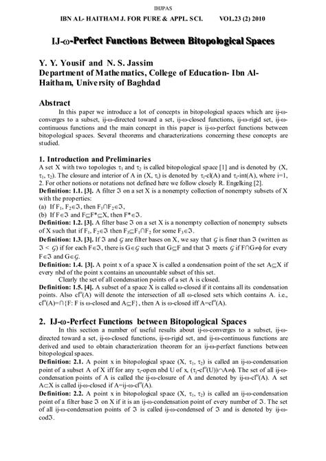 Pdf Ij Perfect Functions Between Bitopological Spaces