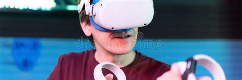Vr Game And Virtual Reality Man Gamer Fun Playing On Futuristic