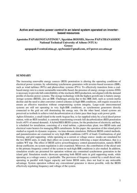 Pdf Active And Reactive Power Control In An Island System Operated On Inverter Based Resources