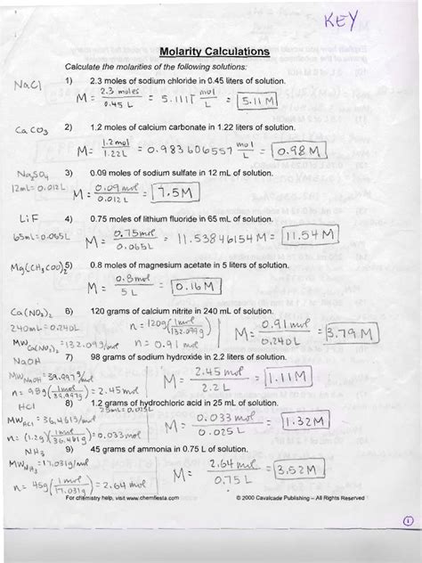 Molarity Calculations Key Molarity Calculations Answer Key