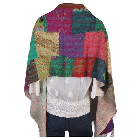 Shawl Raw Silk Handmade Patch Kantha Style Double Stitched
