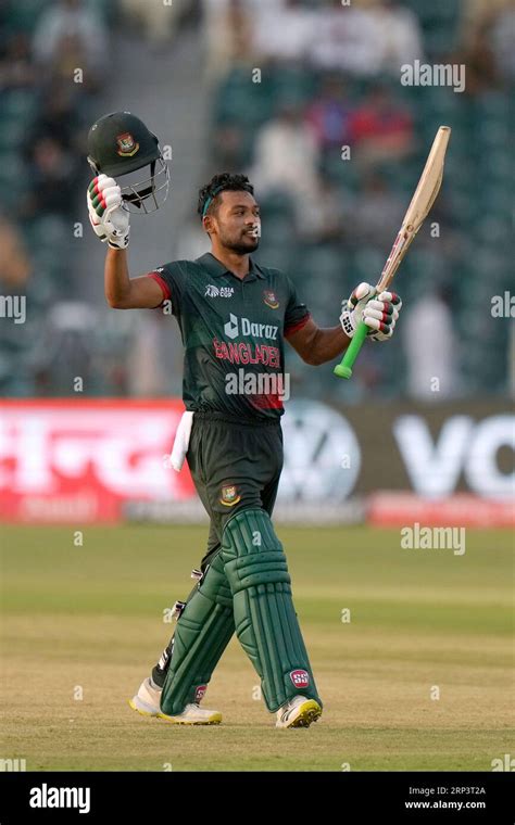 Bangladeshs Najmul Hossain Shanto Celebrates After Scoring Century