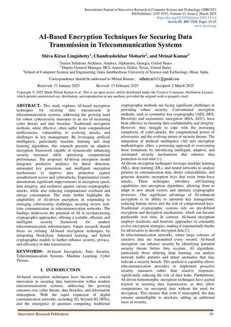 Pdf Ai Based Encryption Techniques For Securing Data Transmission In Telecommunication Systems