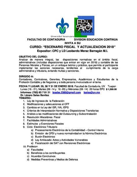 Curso Reformas Fiscales Y Actualizacion 2018 Facultad De Contaduría