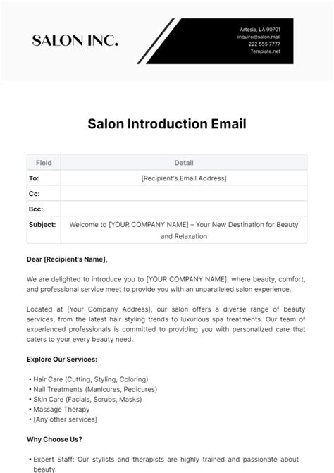 Free Salon Introduction Email Template To Edit Online