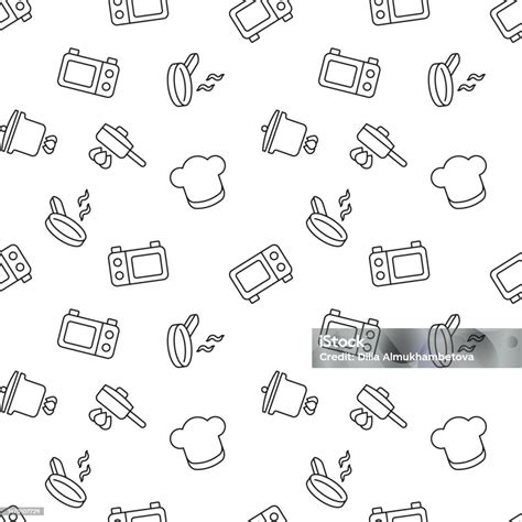 요리사 모자 프라이팬 전자 레인지의 매끄러운 벡터 반복 패턴 웹 사이트 앱 옷 표지 배너 등에 사용할 수 있습니다 가정 생활에 대한 스톡 벡터 아트 및 기타 이미지 Istock