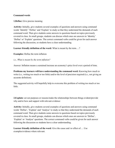 Command Words Define Explain Analyse Assess