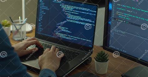 Closeup Coding On Screen Man Hands Coding Html And Programming On Two