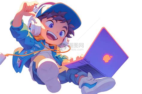 开心的男孩戴着白色耳机插画图片下载 正版图片601297172 摄图网