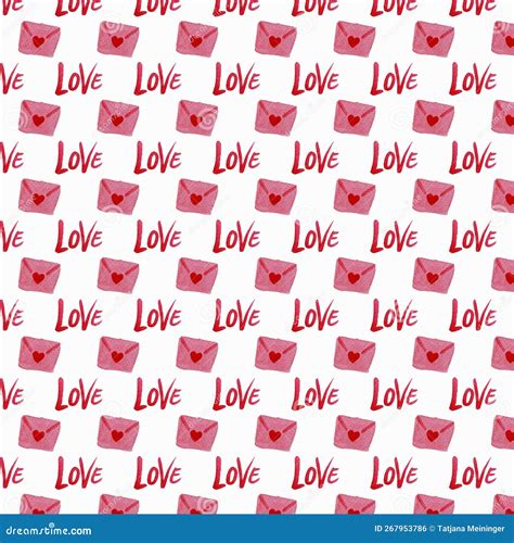 Seamless Hand Painted Watercolor Red Hearts And Love Pattern On Pink
