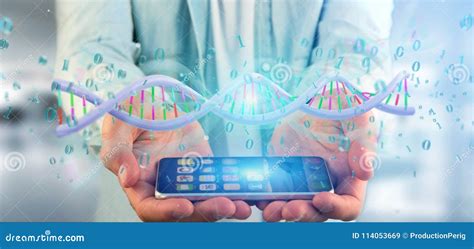 Man Holding A 3d Rendering Data Coded Dna With Binary File Around Stock