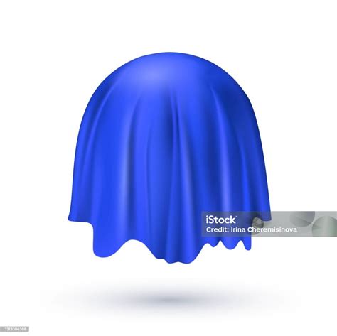 둥근 물체를 덮는 파란색 천 커튼 깜짝 선물에 매달려 있는 실크 패브릭은 벡터 일러스트레이션을 공개합니다 베일 장식 아래 숨겨진