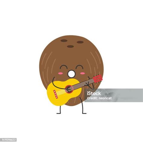 코코넛 캐릭터 만화 쾌활한 연주 기타 노래 귀여운 재미있는 얼굴 행복한 기쁨 감정 아이콘 벡터 일러스트레이션 0명에 대한 스톡