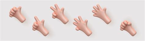 회색 배경에 1에서 5까지 세는 손가락을 보여주는 3d 만화 손 숫자를 보여주는 이모티콘 인간의 손 세트 0명에 대한 스톡 벡터