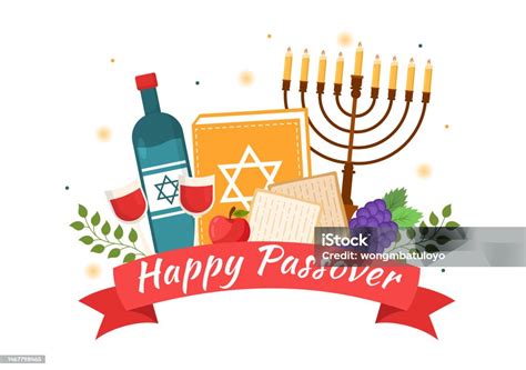 와인 Matzah 및 Pesach 유대인 휴일이 있는 행복한 유월절 그림 웹 배너 또는 평면 만화 손으로 그린 템플릿의 방문