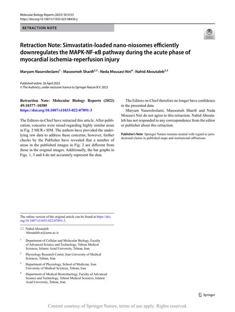 Retraction Note Simvastatin Loaded Nano Niosomes Efficiently Downregulates The Mapk Nf κb