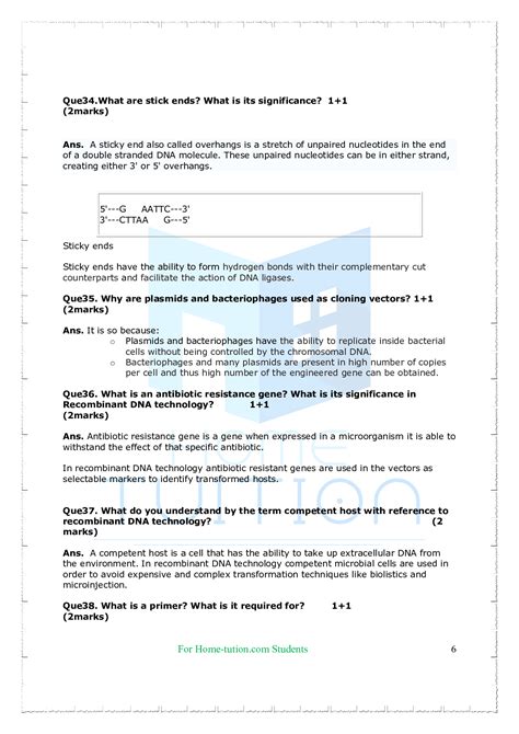 Important Questions For Class Biotechnology Chapter Recombinant DNA Technology