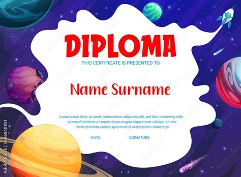 Kids diploma, starry galaxy, spaceship and space planets, vector ...