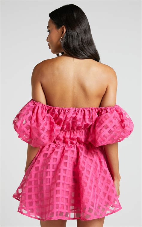 Paloma Mini Dress Off Shoulder Puff Sleeve Textured Net Dress In Hot