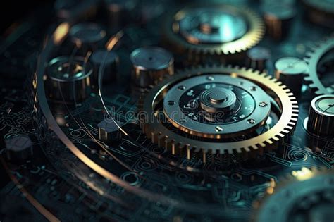 Digital Gear Wheels On Circuit Board High Technology Engineering Generative Ai Stock
